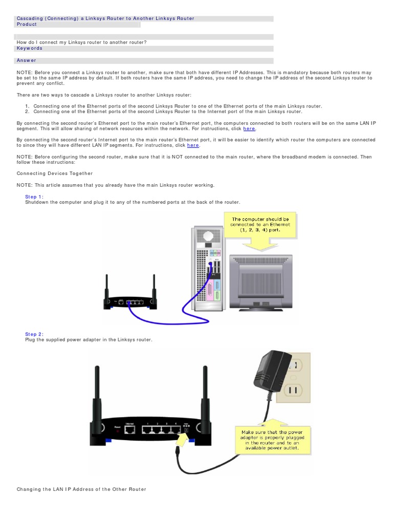 Cascading (Connecting) A Linksys Router To Another Linksys Router | PDF ...