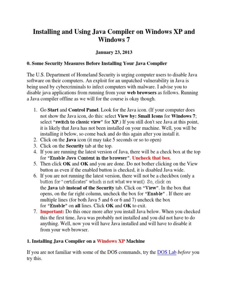 Installing and Using Java Compiler On Windows XP and Windows 7 ...