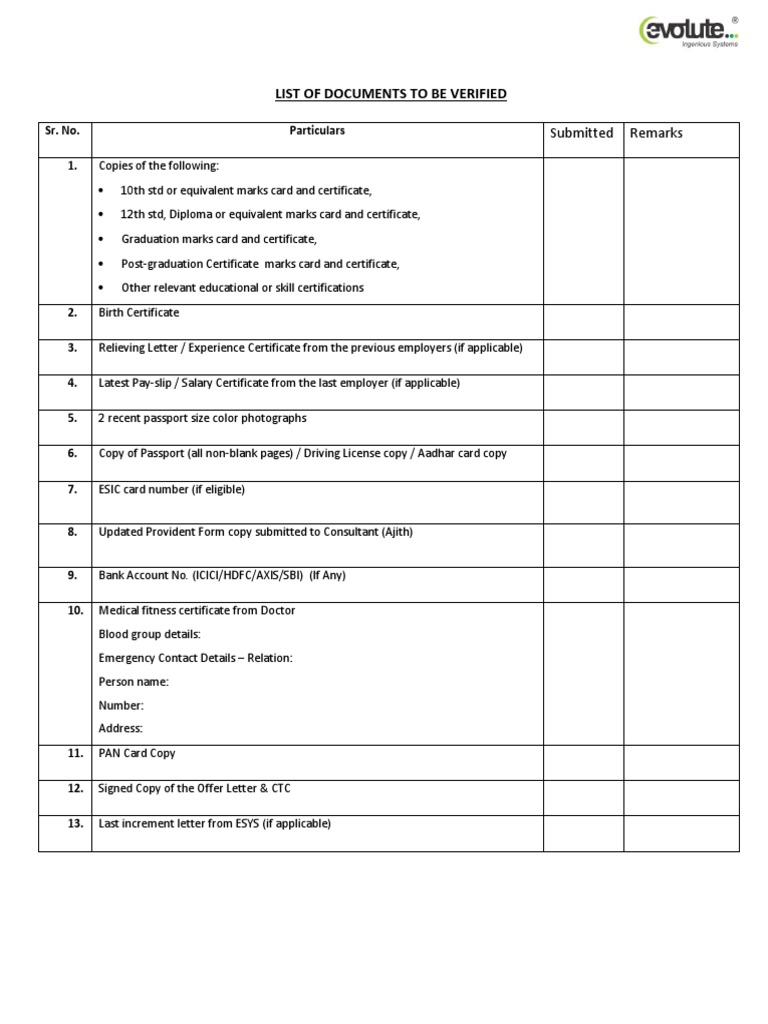 Check List For Employee Documents | PDF