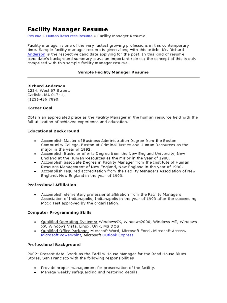 Facility Manager Resume | PDF | Microsoft Windows | Academic Degree