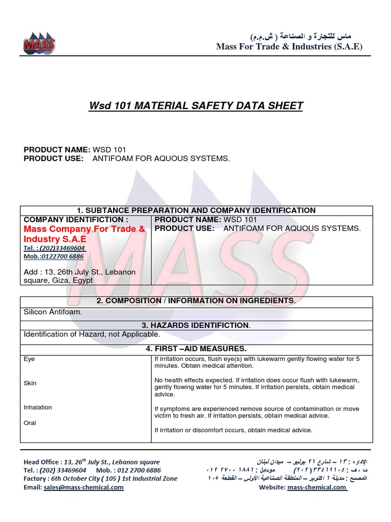 WSD 101 MSDS for Antifoam Use | PDF | Personal Protective Equipment ...