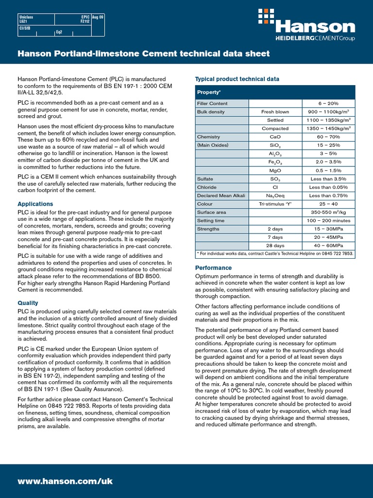 Hanson Portland Limestone Cement Data Sheet | Download Free PDF ...