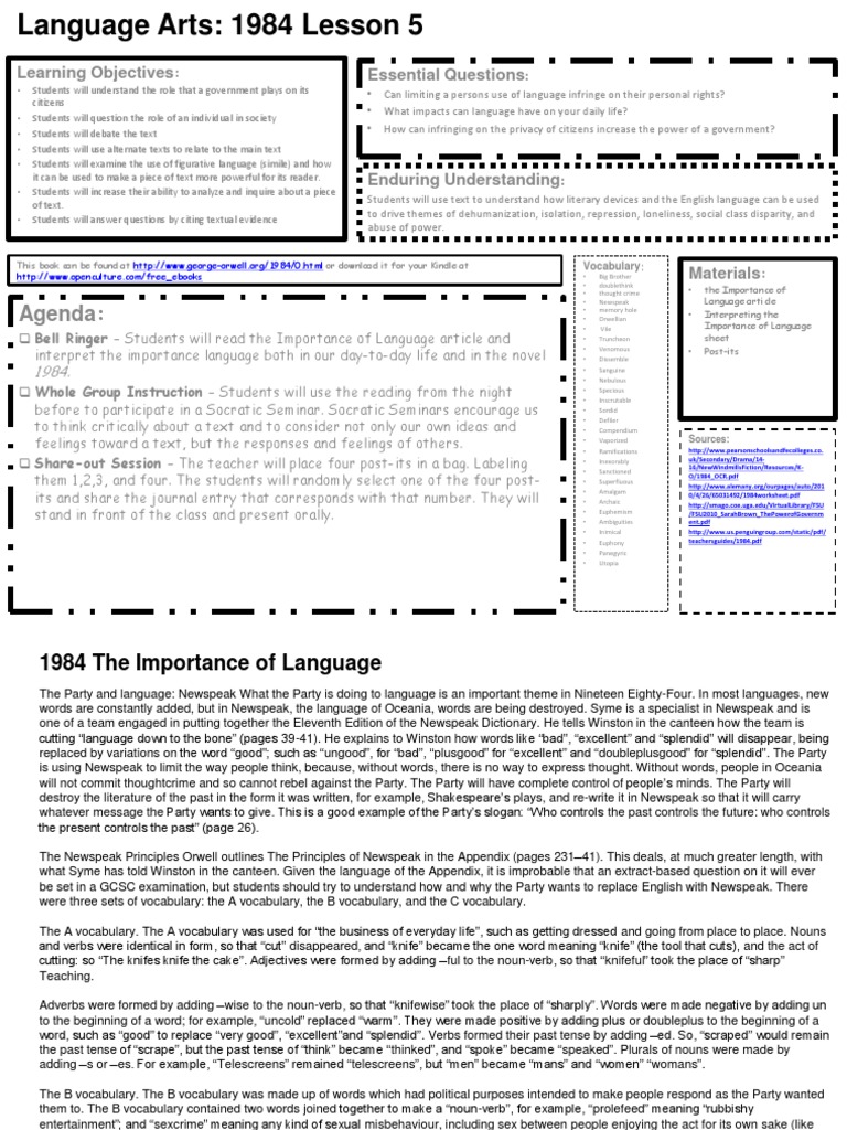 1984 Language Arts Lesson Plan | PDF | Linguistics | Linguistic Typology