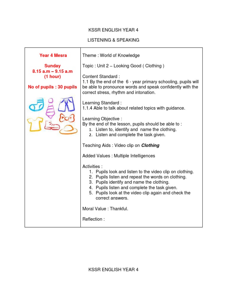Year 4 English Unit 2: Clothing | PDF | English Language | Lesson Plan