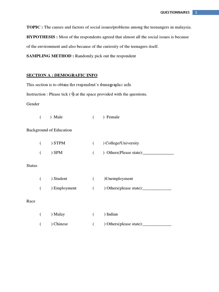 Malaysian Teen Social Issues Survey | PDF