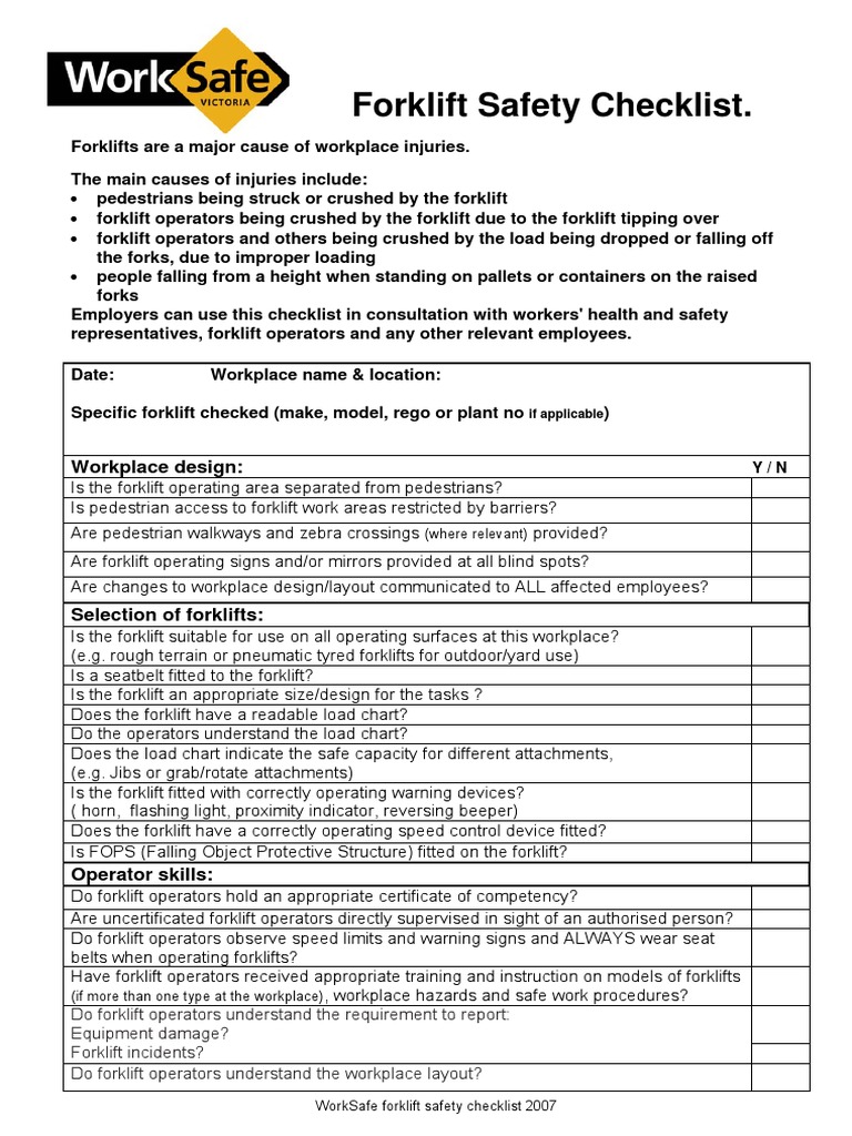 WorkSafe - Forklift Checklist | PDF | Forklift | Occupational Safety ...