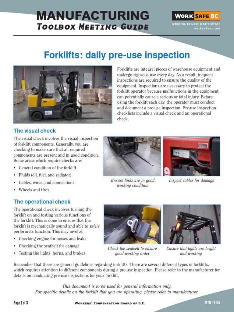 WorkSafeBC - Forklift Inspection Checklist | PDF | Forklift | Leak