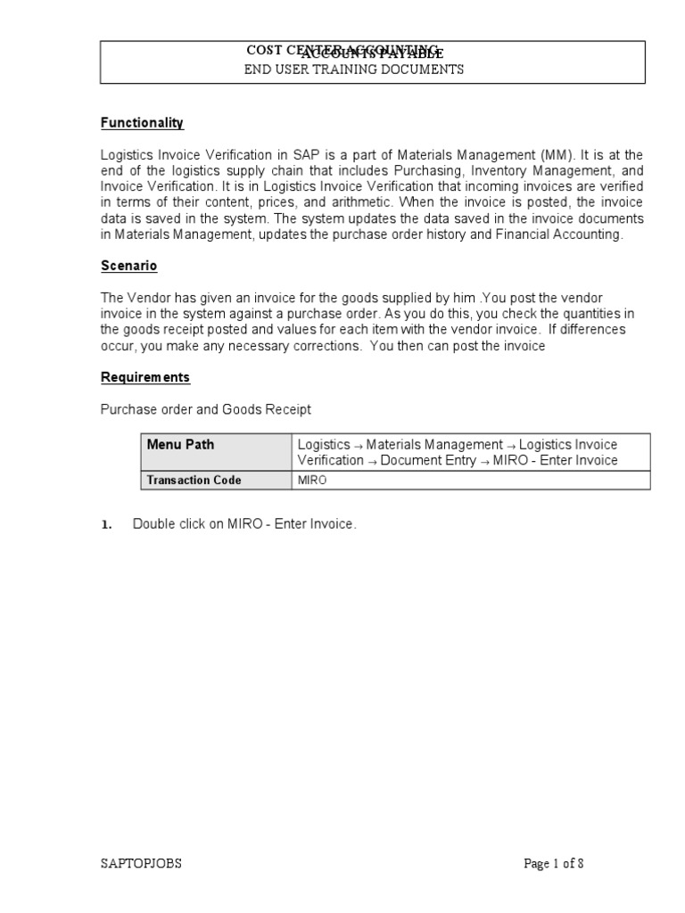 TCODE - MIRO Enter Vendor Invoice | PDF | Accounts Payable | Invoice
