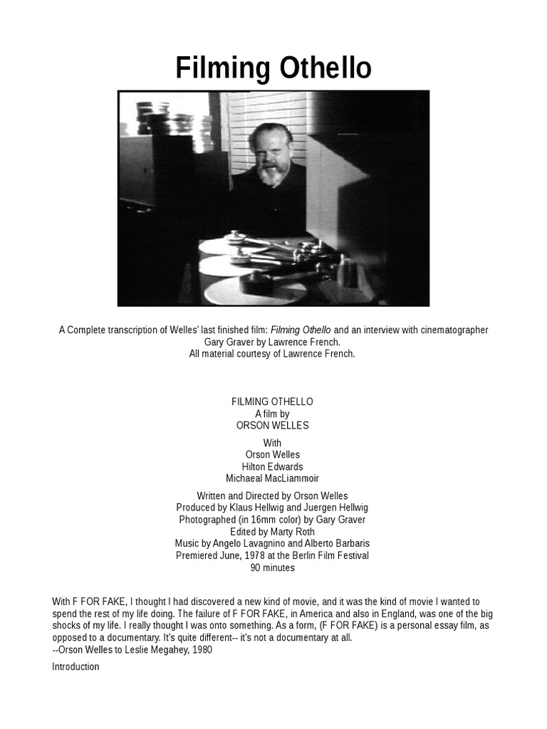 Filming Othello - Script - Odt | PDF | Jealousy | Leisure