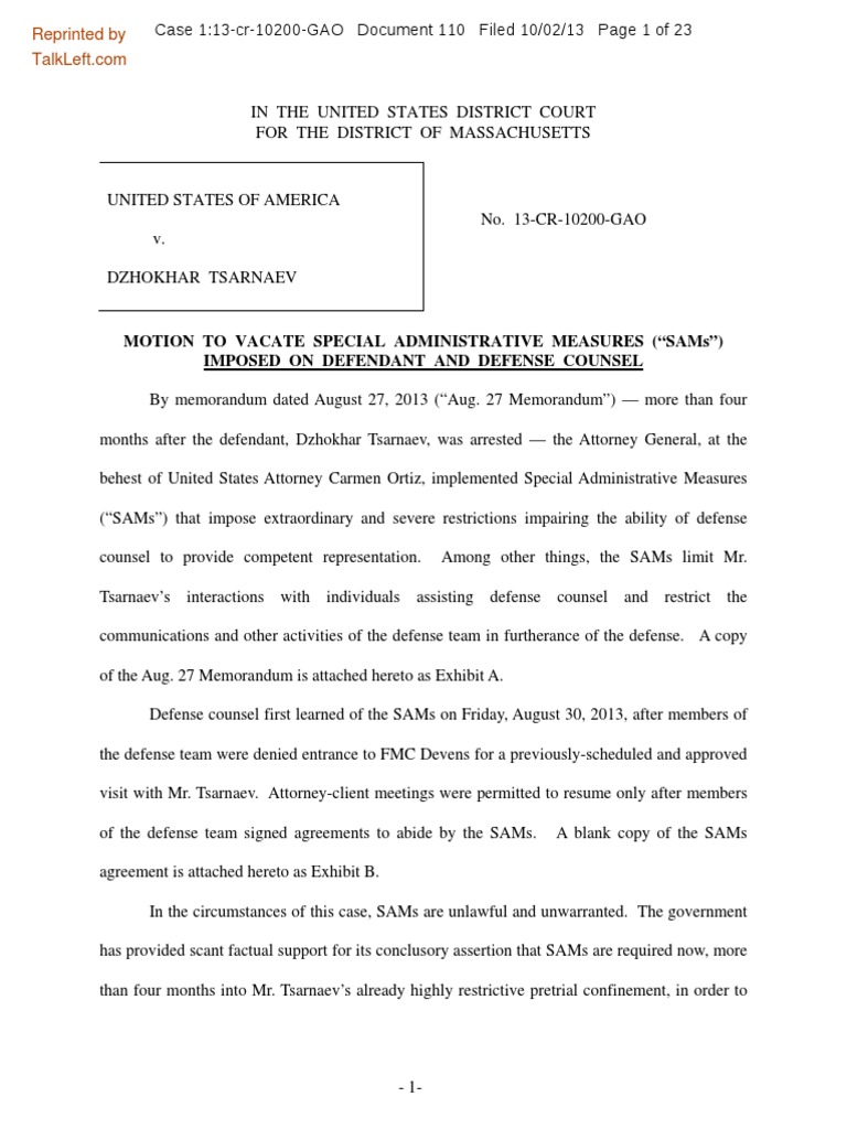 110 MOTION TO VACATE SPECIAL ADMINISTRATIVE MEASURES ("SAMs") 10022013 ...