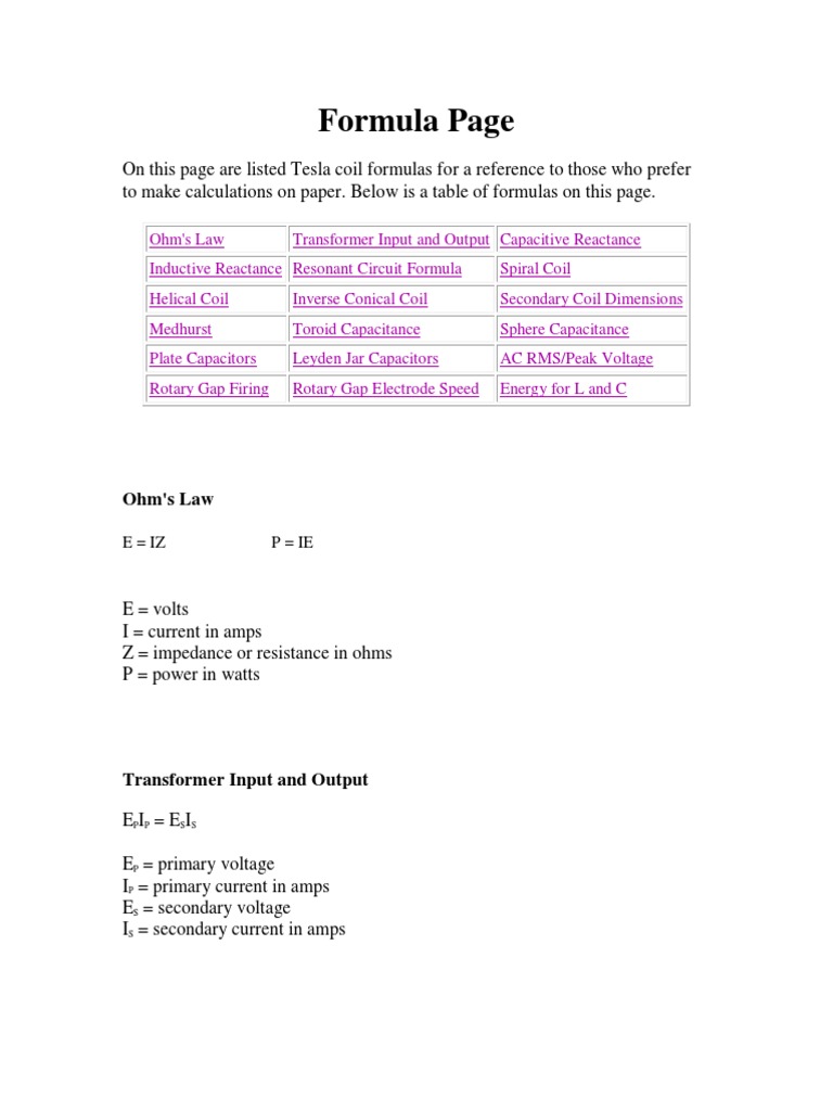 Tesla Coil Formulas and Calculations | PDF | Capacitor | Inductor