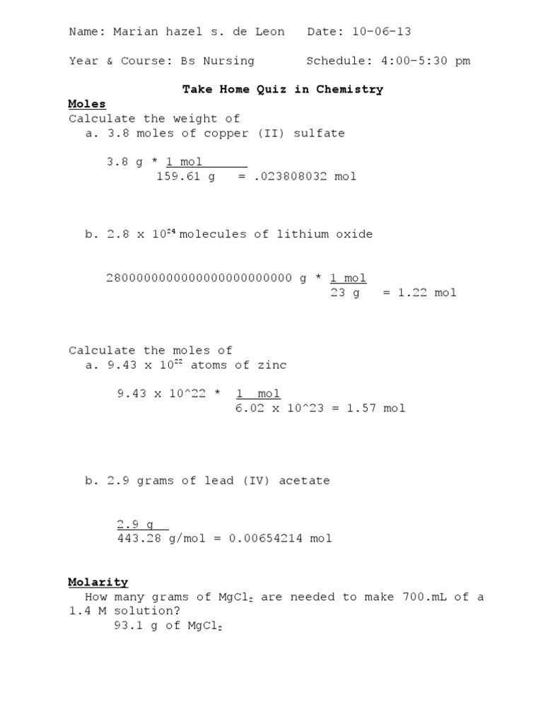 Take Home Quiz in Chemistry Moles | Download Free PDF | Gases | Mole (Unit)
