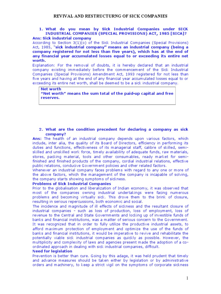 Revival and Restructuring of Sick Companies | PDF | Business Economics ...