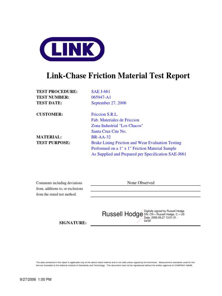 Link - Chase Friction Material Test Report | Download Free PDF ...
