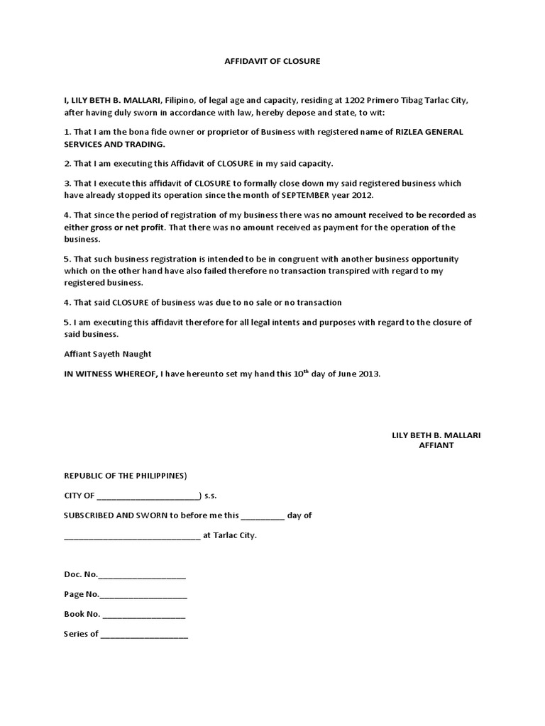 Affidavit of Closure | PDF | Affidavit | Public Law