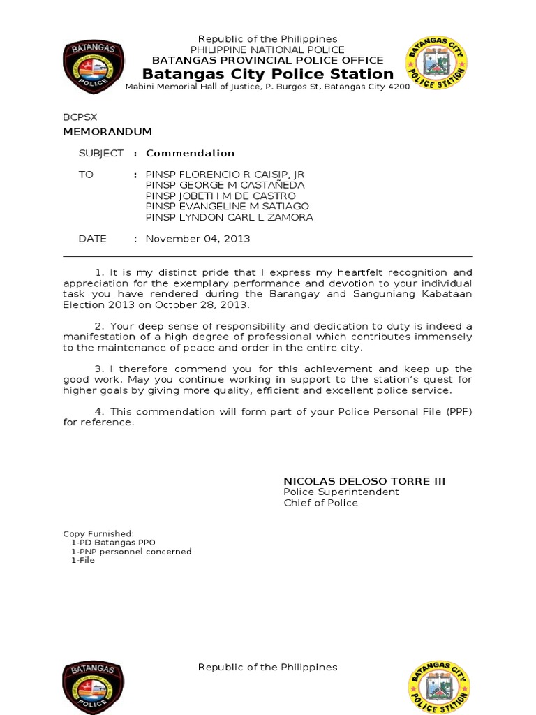Commendation Letter in Batangas City | Government Information | Crimes