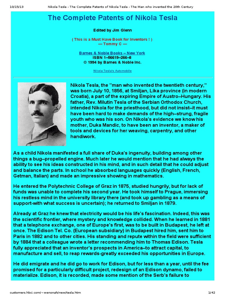 Nikola Tesla - The Complete Patents of Nikola Tesla - The Man Who ...