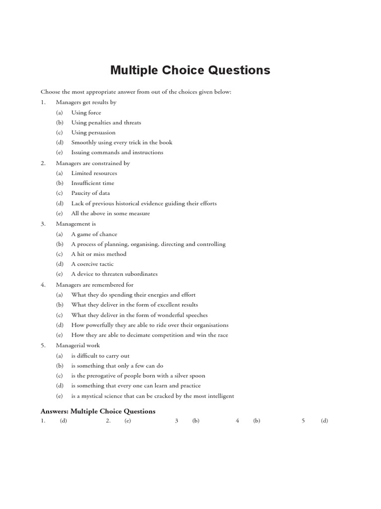 Management MCQs with Answers | PDF | Career & Growth