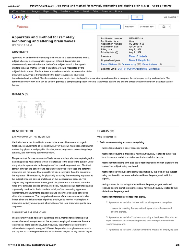 Patent US3951134 - Apparatus and Method For Remotely Monitoring and Altering Brain Waves ...