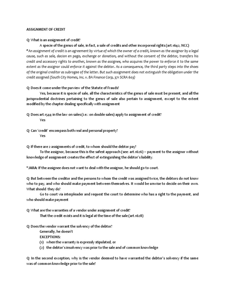 SALES - Assignment of Credit | PDF | Assignment (Law) | Legal Concepts
