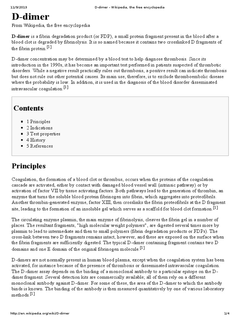D-Dimer - Wikipedia, The Free Encyclopedia | PDF | Coagulation | Hematology