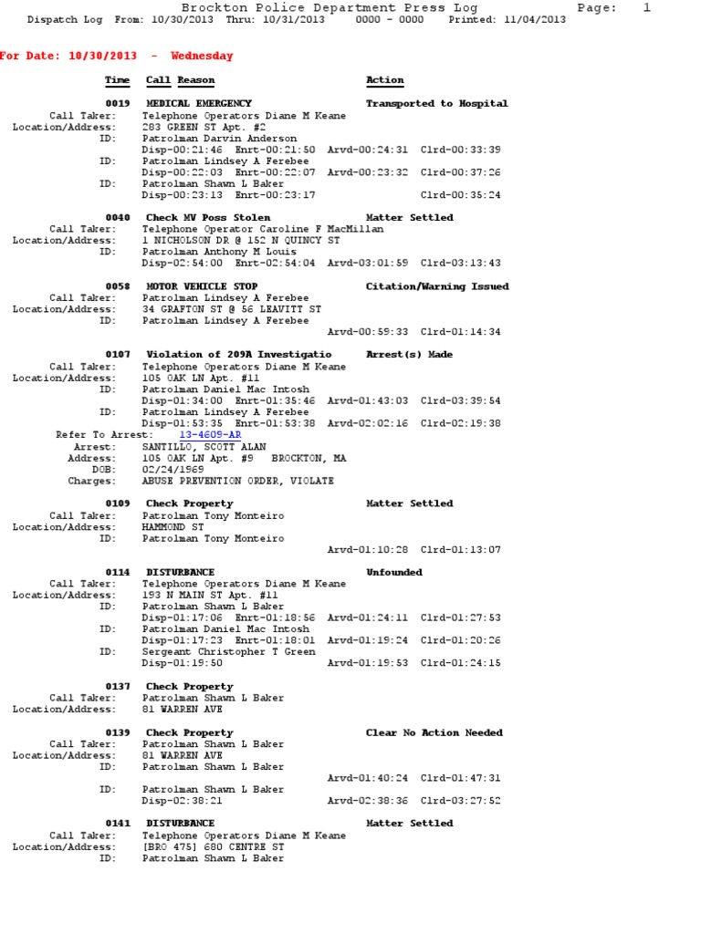 Brockton Police Log Updated To October 30TH, 2013. | PDF | Arrest ...