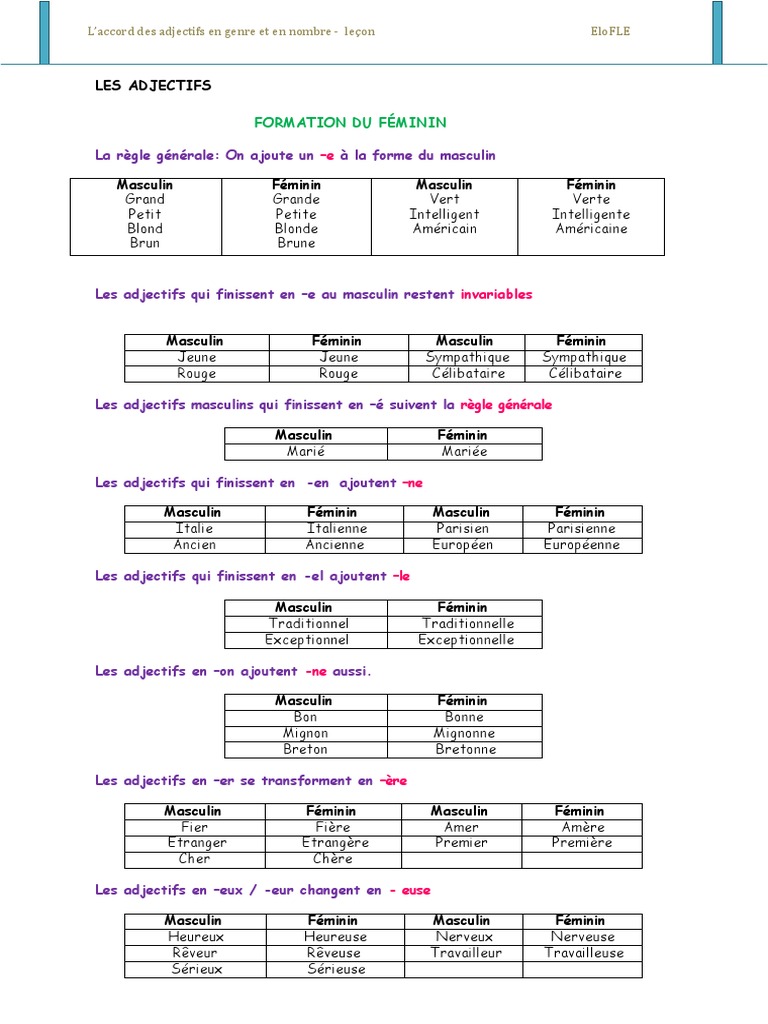 Accord Des Adjectifs Lecon v.2 | PDF
