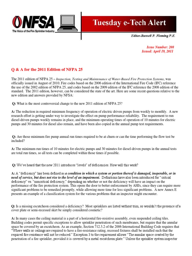 Q and A For The 2011 Edition of NFPA 25 PDF | PDF | Fire Sprinkler ...