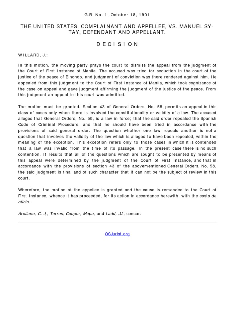 The United States, Complainant and Appellee, vs. Manuel Sy-Tay ...