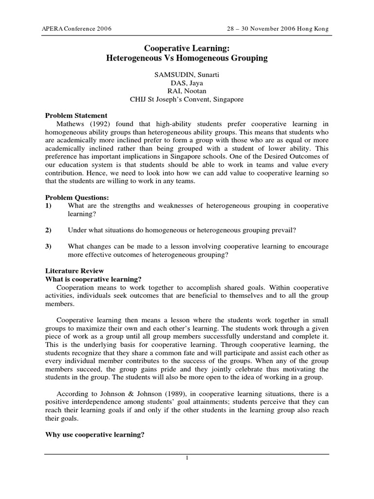 Cooperative Learning: Heterogeneous Vs Homogeneous Grouping: Problem ...
