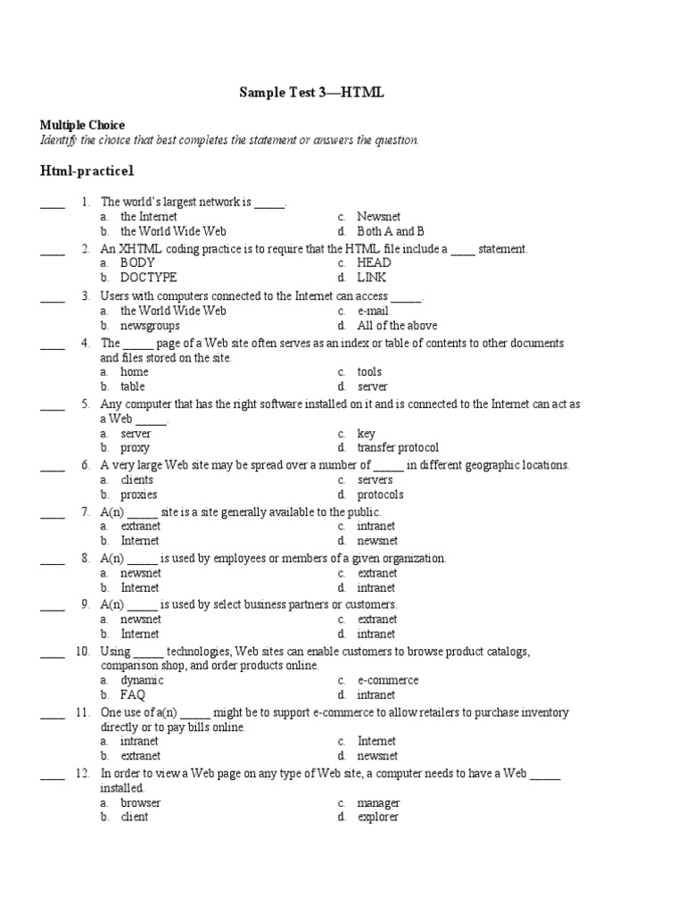 Sample Test 3-HTML: Identify The Choice That Best Completes The ...