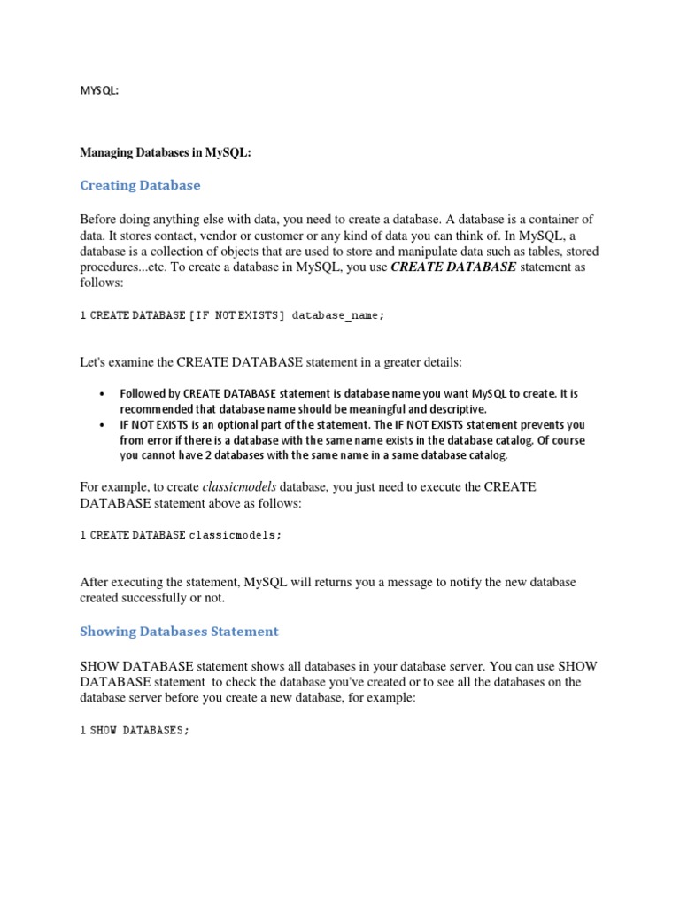 Creating Database: Managing Databases in Mysql | PDF | Database Index | Sql Creating Database: Managing Databases in Mysql | PDF | Database Index | Sql