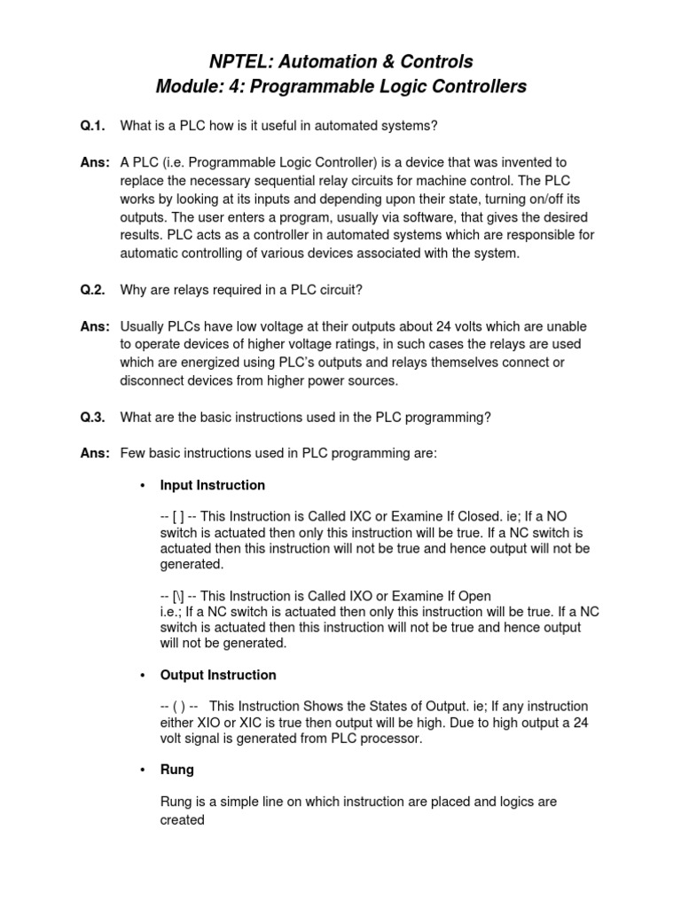 NPTEL: Automation & Controls Module: 4: Programmable Logic Controllers ...