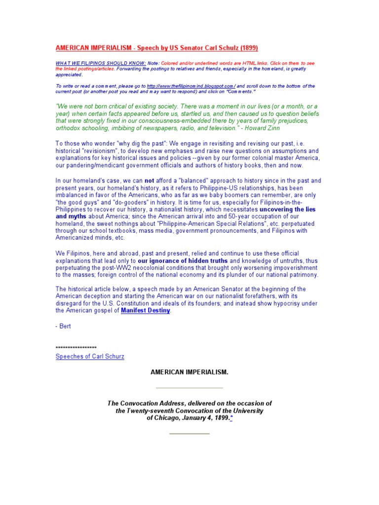 American Imperialism - Speech by US Senator Carl Schurz 1899 | PDF ...