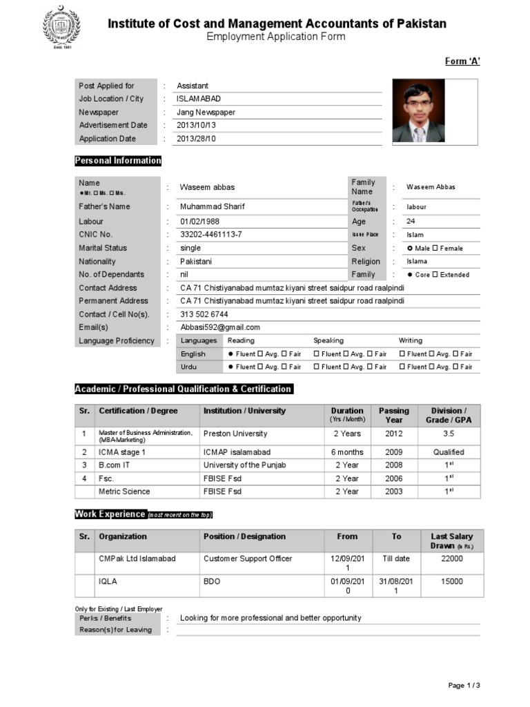 Institute of Cost and Management Accountants of Pakistan: Employment ...