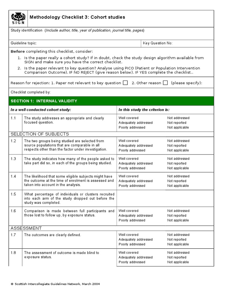 Methodology Checklist 3: Cohort Studies: Selection of Subjects | PDF ...