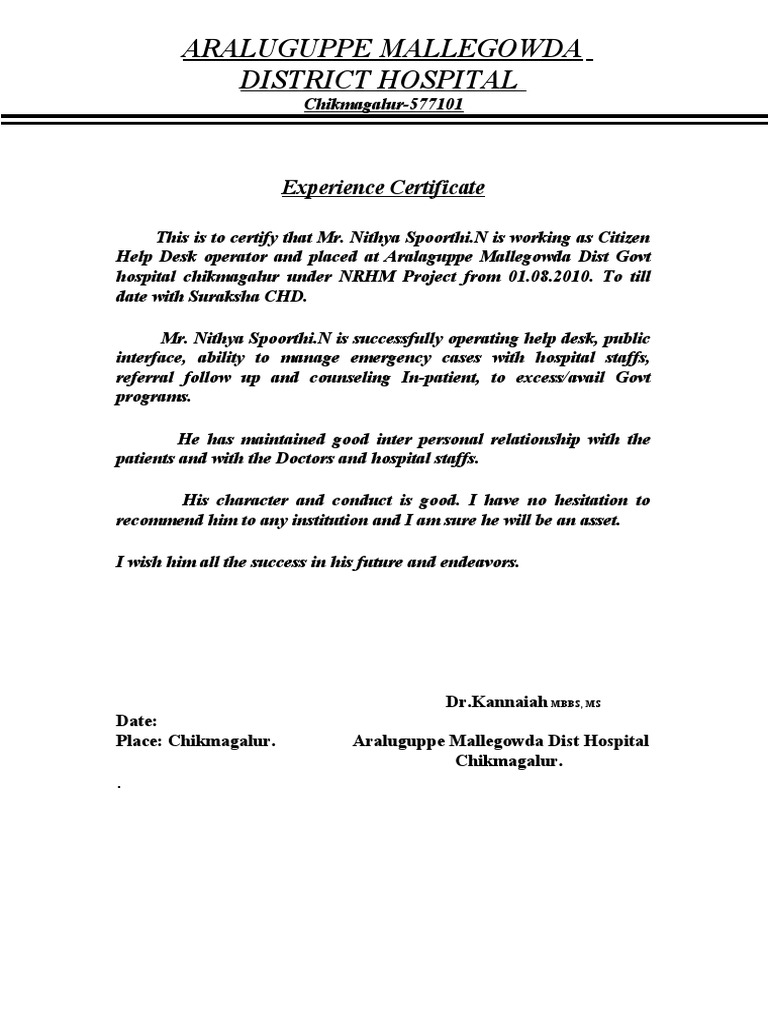 Araluguppe Mallegowda District Hospital: Experience Certificate | PDF