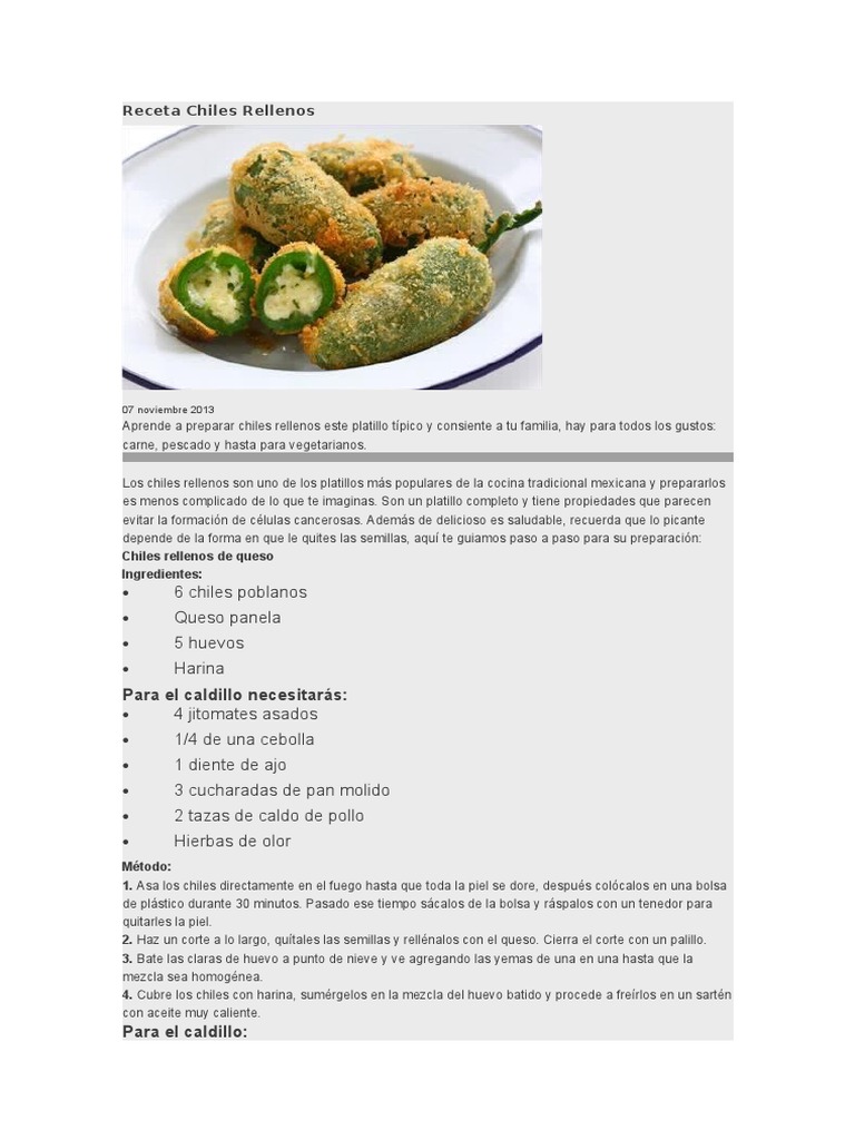Receta Chiles Rellenos | PDF | Cocina de las Americas | Preparación de ...