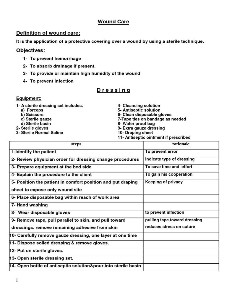Wound Care Definition of Wound Care:: Steps Rationale | PDF