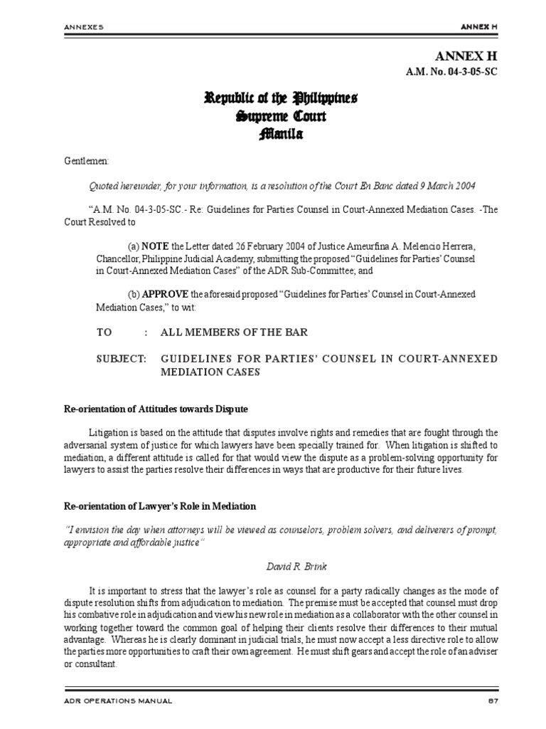 ADR - A.M. No. 04-3-05-SC - Re Guidelines For Parties Counsel in Court ...