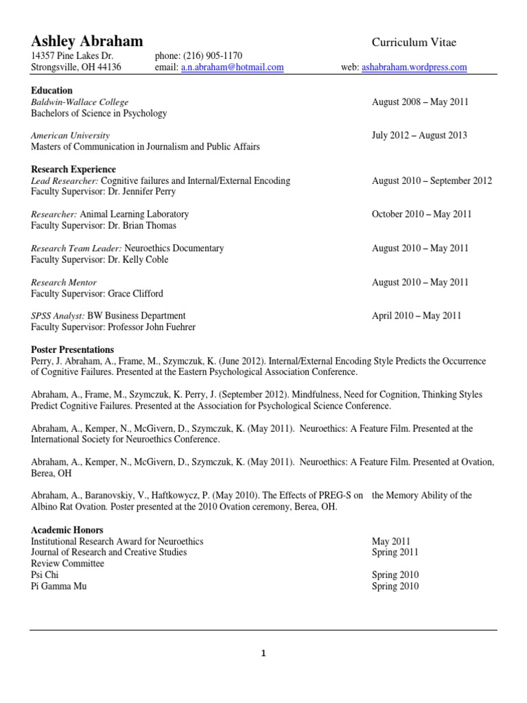 Ashley Abraham's Curriculum Vitae | PDF | Spss | Psychology