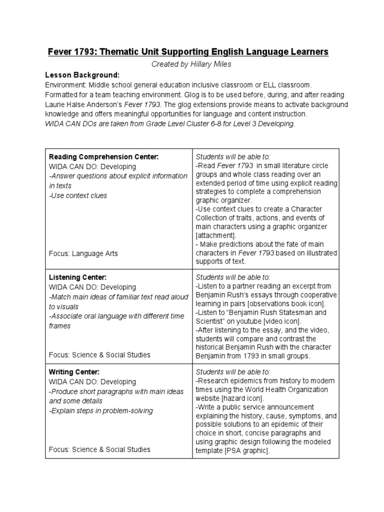 Fever 1793: Thematic Unit Supporting English Language Learners | PDF ...