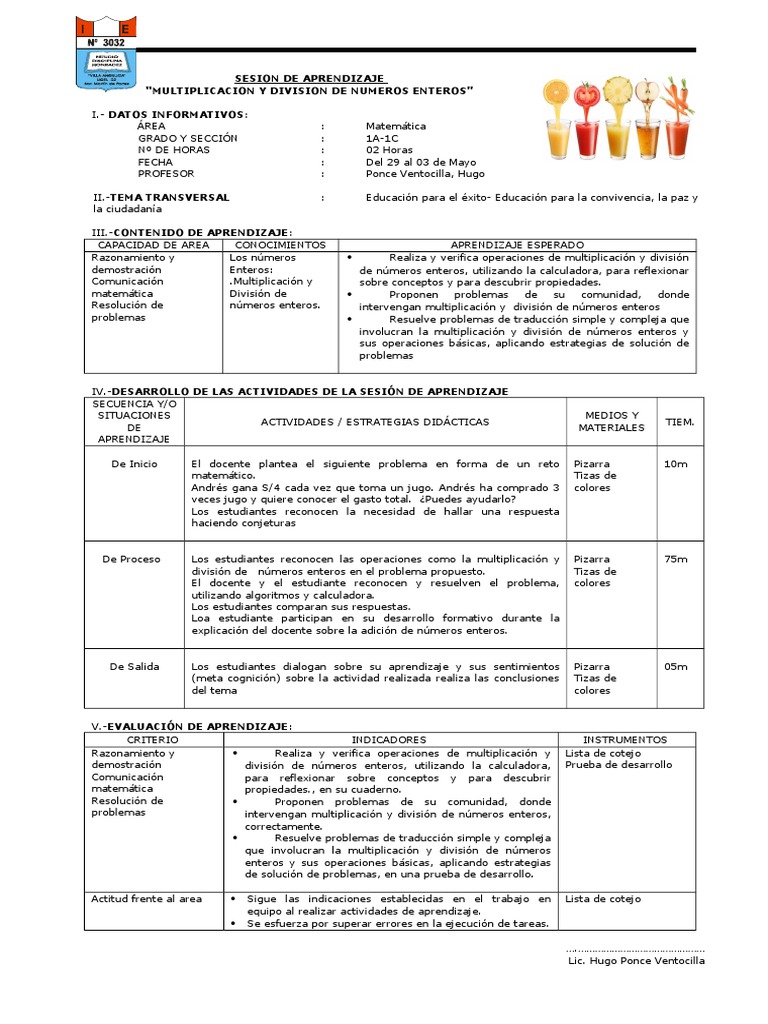 Sesion - de - Aprendizaje Multiplicacion y Division de Nuemros Enterosa ...