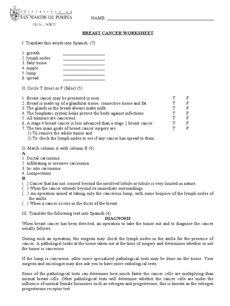 Breast Cancer Worksheet | PDF