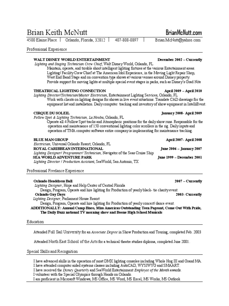 Brian McNutt Resume | PDF | Orlando | Entertainment