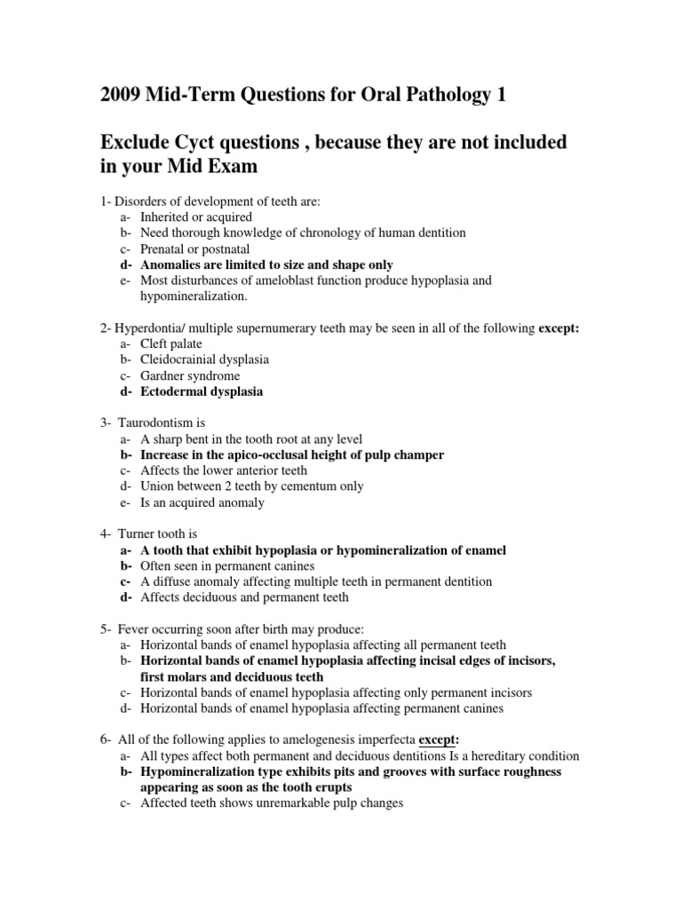 2009 Mid-Term Questions For Oral Pathology 1 Exclude Cyct Questions ...