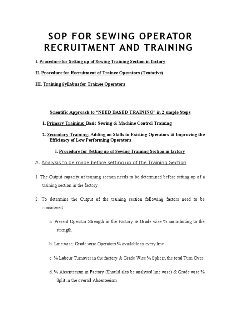 Sewing Operator Training SOP Guide | PDF | Industries | Clothing