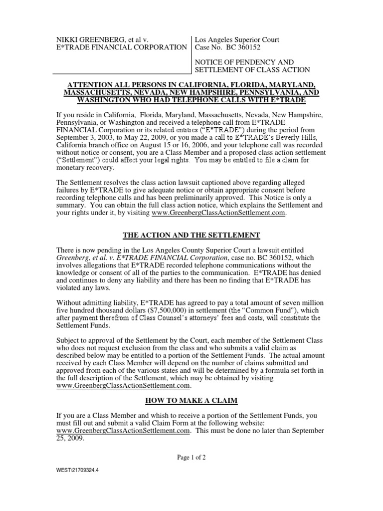 Class Notice Short Form | PDF | Settlement (Litigation) | Class Action