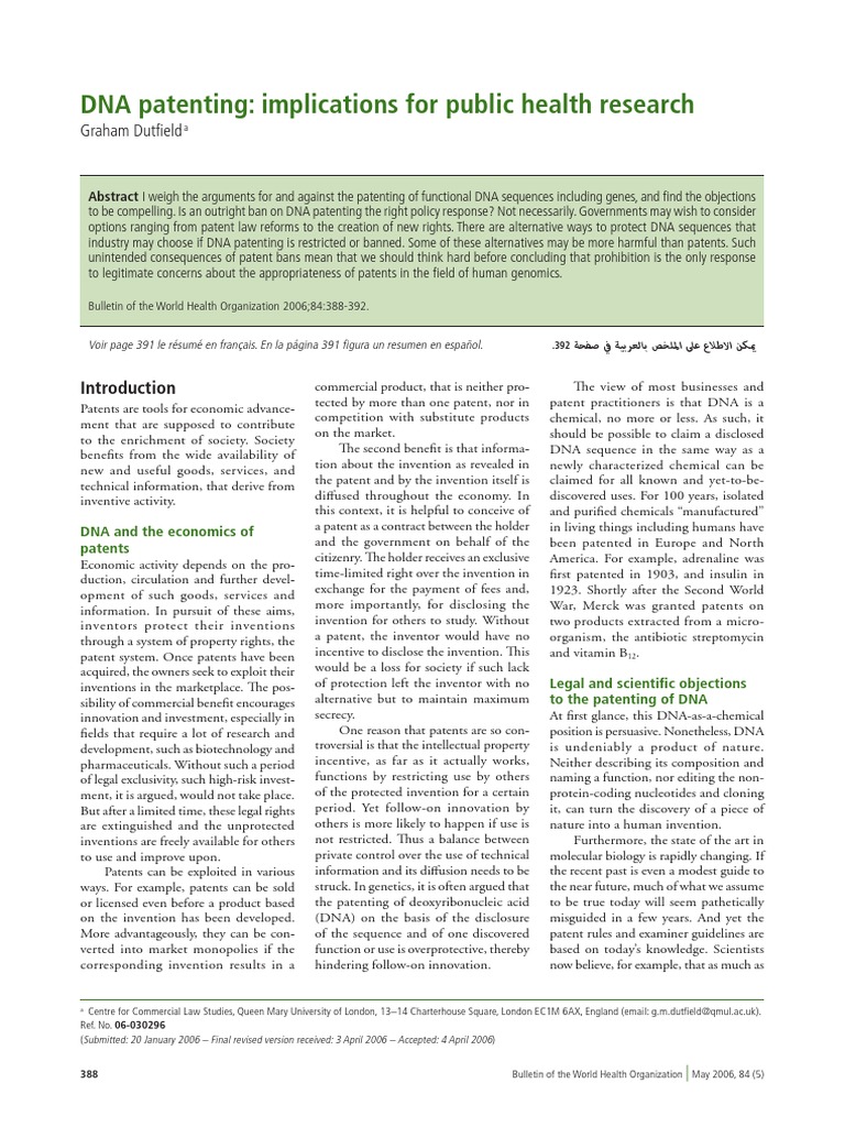 DNA Patenting: Implications For Public Health Research: Graham Dutfield ...