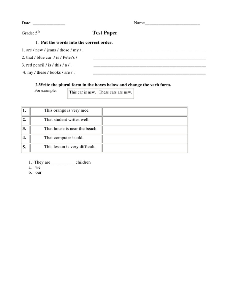 Test Paper: 2.write The Plural Form in The Boxes Below and Change The ...